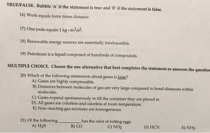 Solved TRUE/FALSE. Bubble 'A' if the statement is true and | Chegg.com