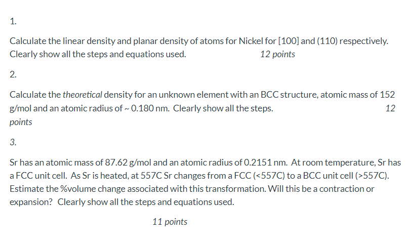 Solved 1. Calculate the linear density and planar density of | Chegg.com