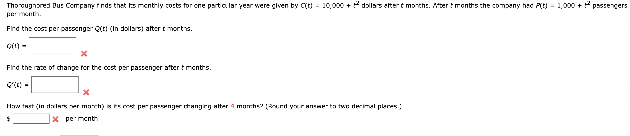 Solved per month. Find the cost per passenger Q(t) (in | Chegg.com