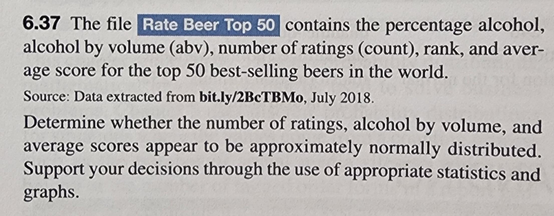 Solved 6.37 The file contains the percentage alcohol, | Chegg.com