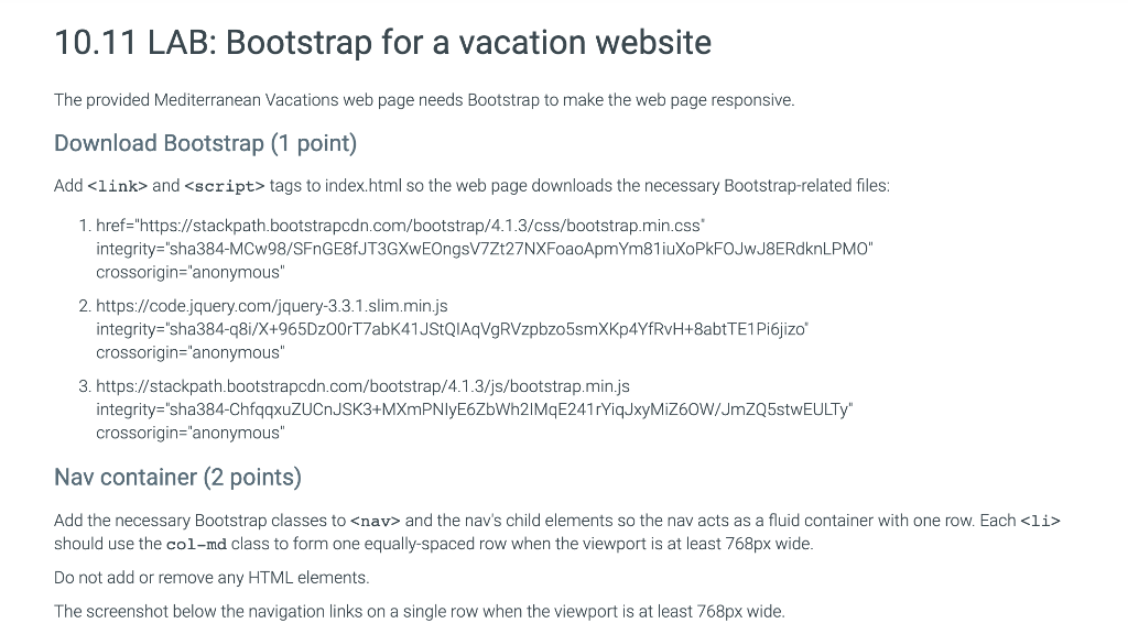Solved 10.11 LAB: Bootstrap for a vacation website The | Chegg.com
