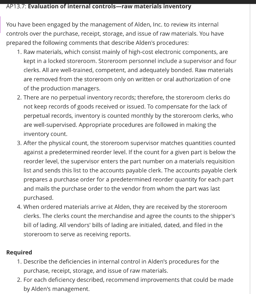 Solved AP13.7: Evaluation of internal controls-raw materials | Chegg.com