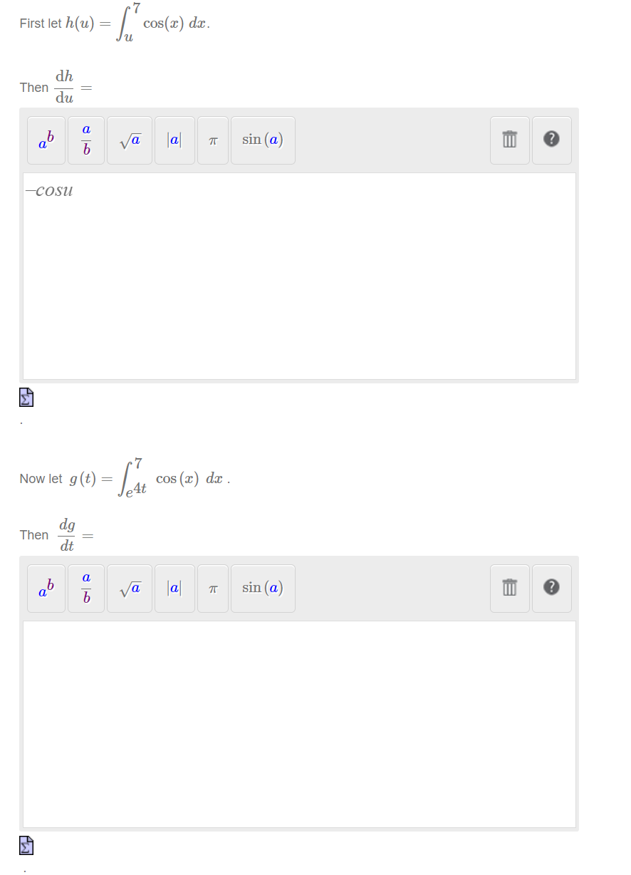 Solved First let h(u)=∫u7cos(x)dx.Then dh(d)u=ab,abΣNow let | Chegg.com