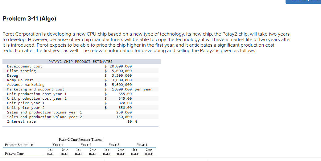 Solved Problem 3-11 (Algo) Perot Corporation is developing a | Chegg.com