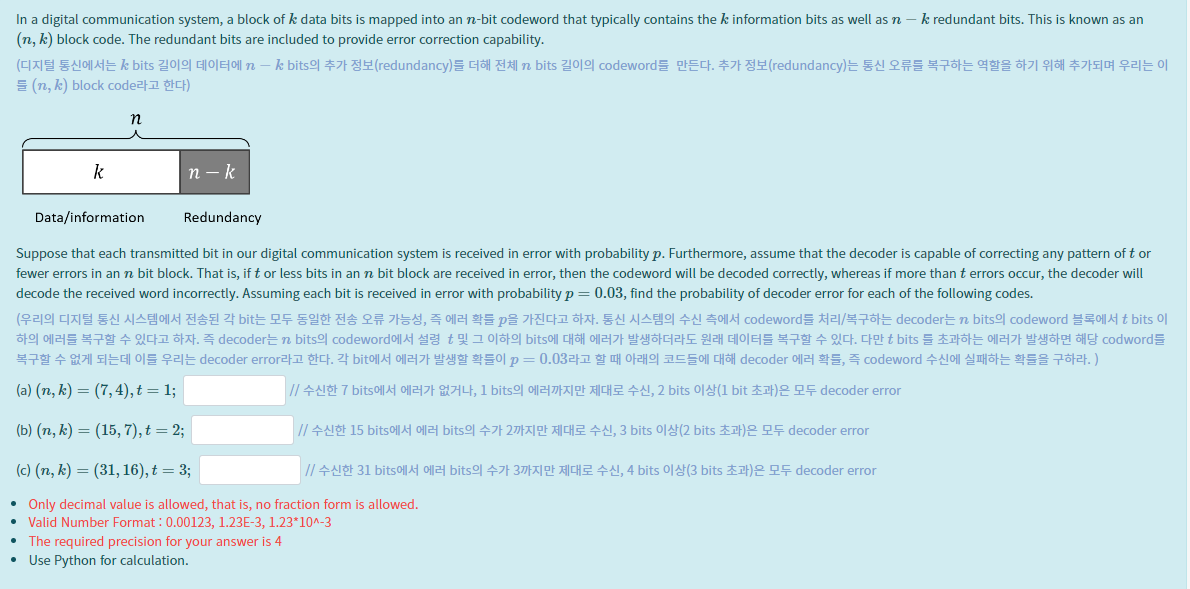 Solved In a digital communication system, a block of k data | Chegg.com