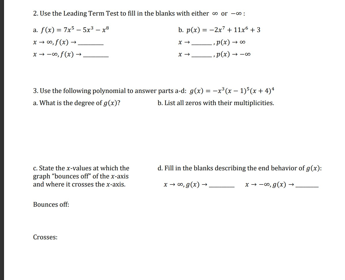 Solved 2. Use the Leading Term Test to fill in the blanks | Chegg.com