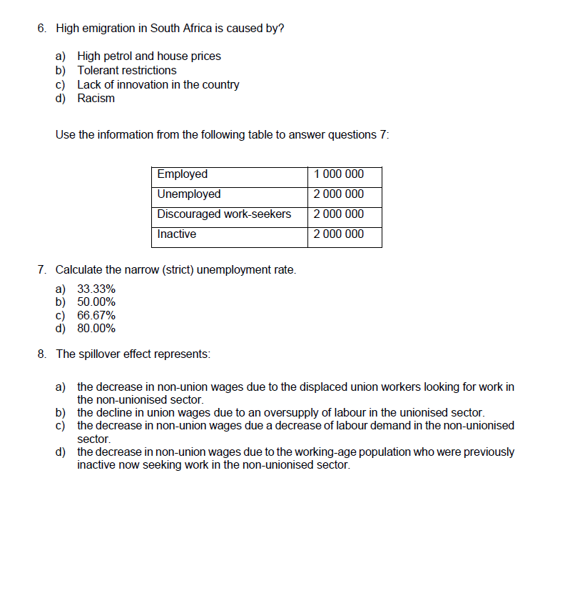 Solved 6. ﻿High emigration in South Africa is caused by?a) | Chegg.com