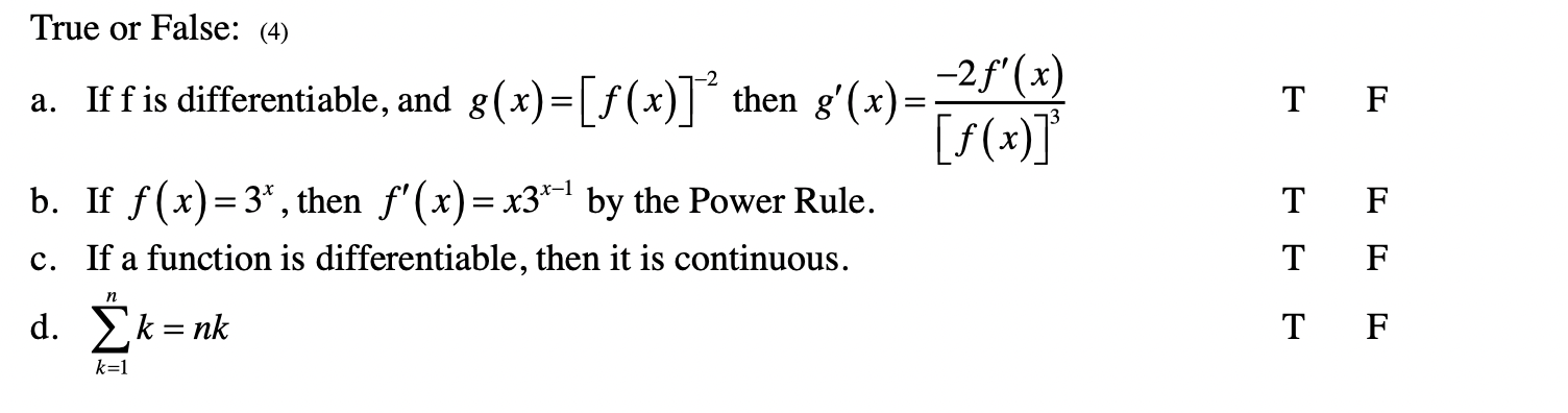 Solved a. If f is differentiable, and g(x)=[f(x)]−2 then | Chegg.com