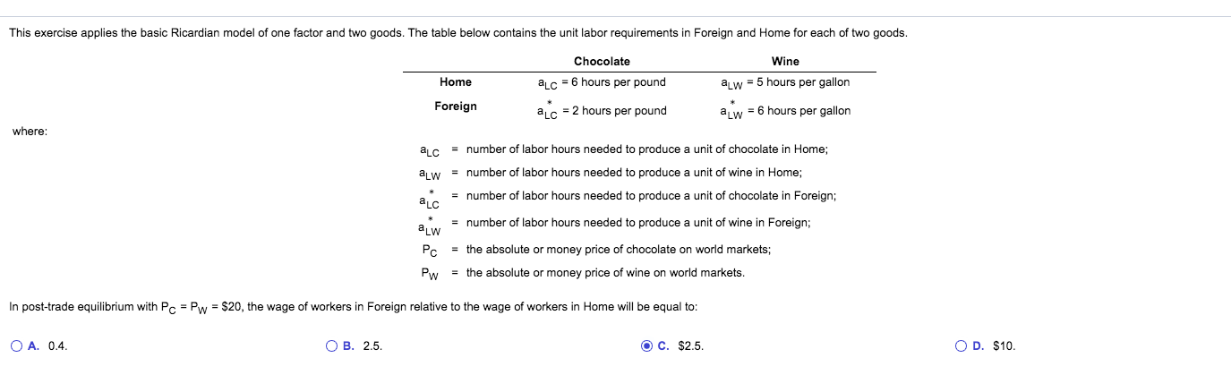 Solved This exercise applies the basic Ricardian model of | Chegg.com