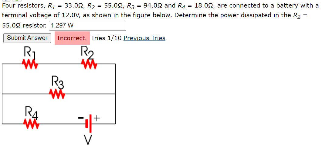 Solved Four resistors, R1=33.0Ω,R2=55.0Ω,R3=94.0Ω and | Chegg.com