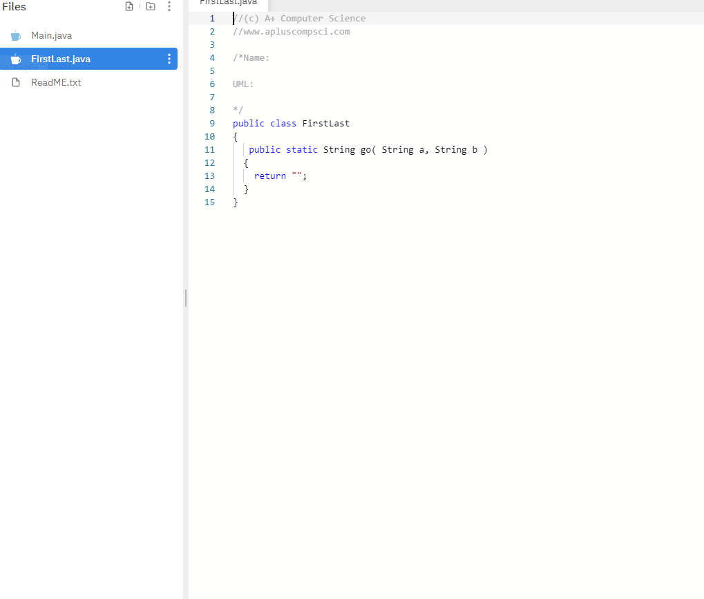Solved Files V Main.java FirstLast.java 0 Read ME.txt 7 | Chegg.com