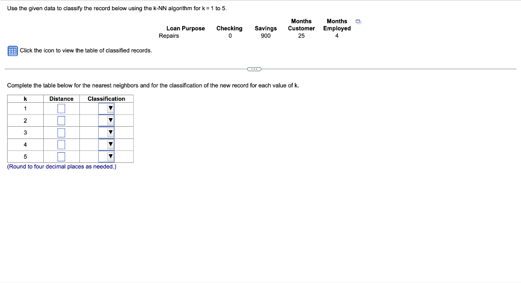 Use the given data to classify the record below using | Chegg.com