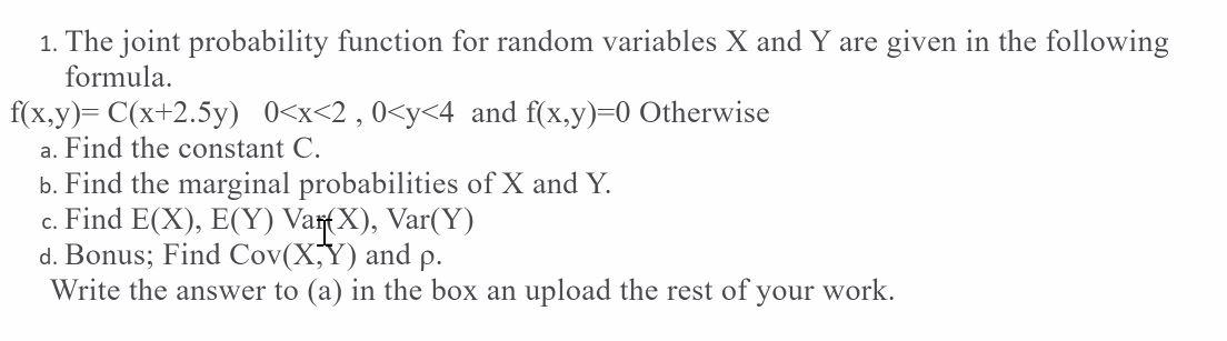 Solved 1. The joint probability function for random | Chegg.com