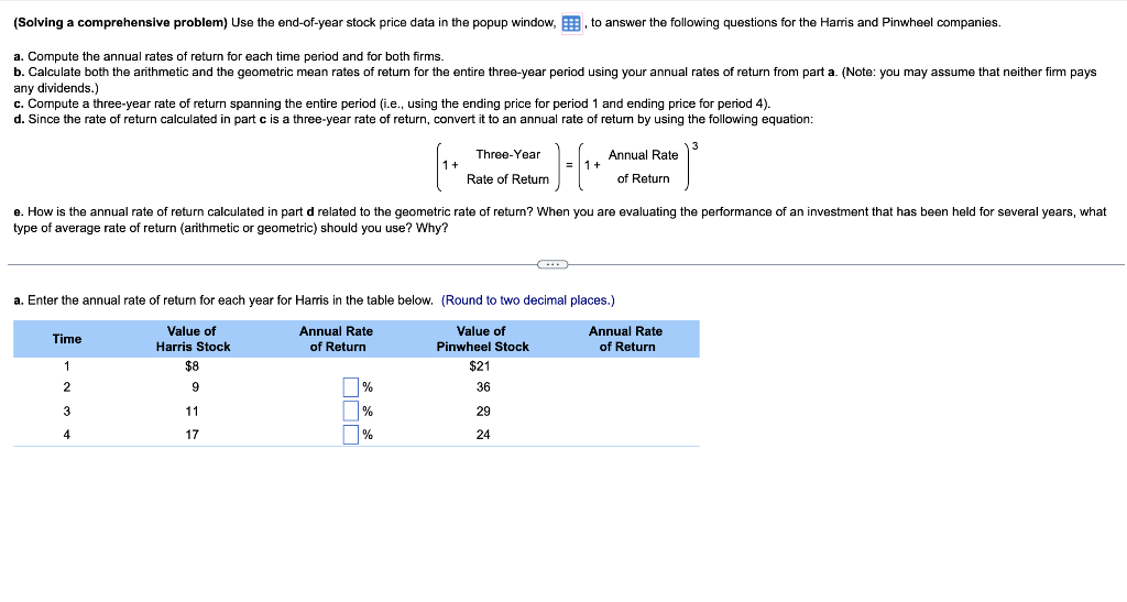 Solved Use the end-of-year stock price data table below to | Chegg.com