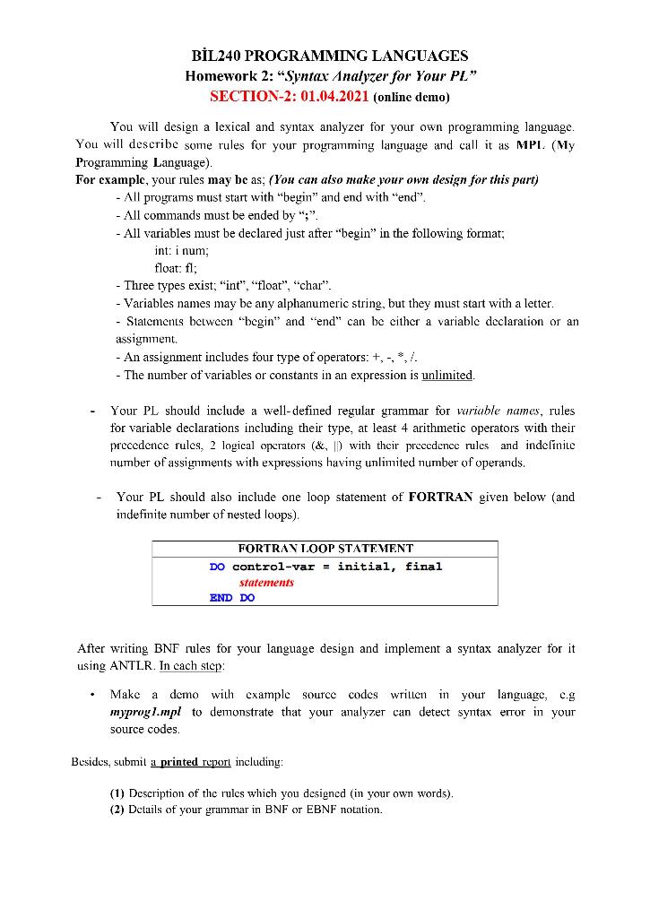 BİL240 PROGRAMMING LANGUAGES Homework 2: "Syntax | Chegg.com