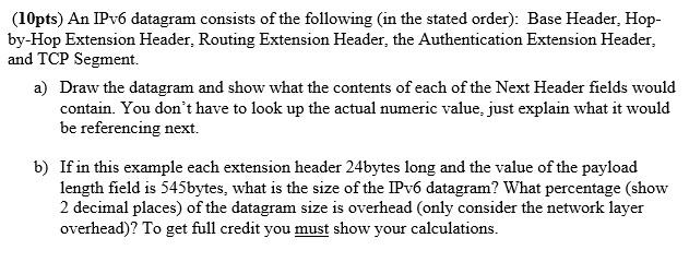 (10pts) An IPv6 datagram consists of the following | Chegg.com