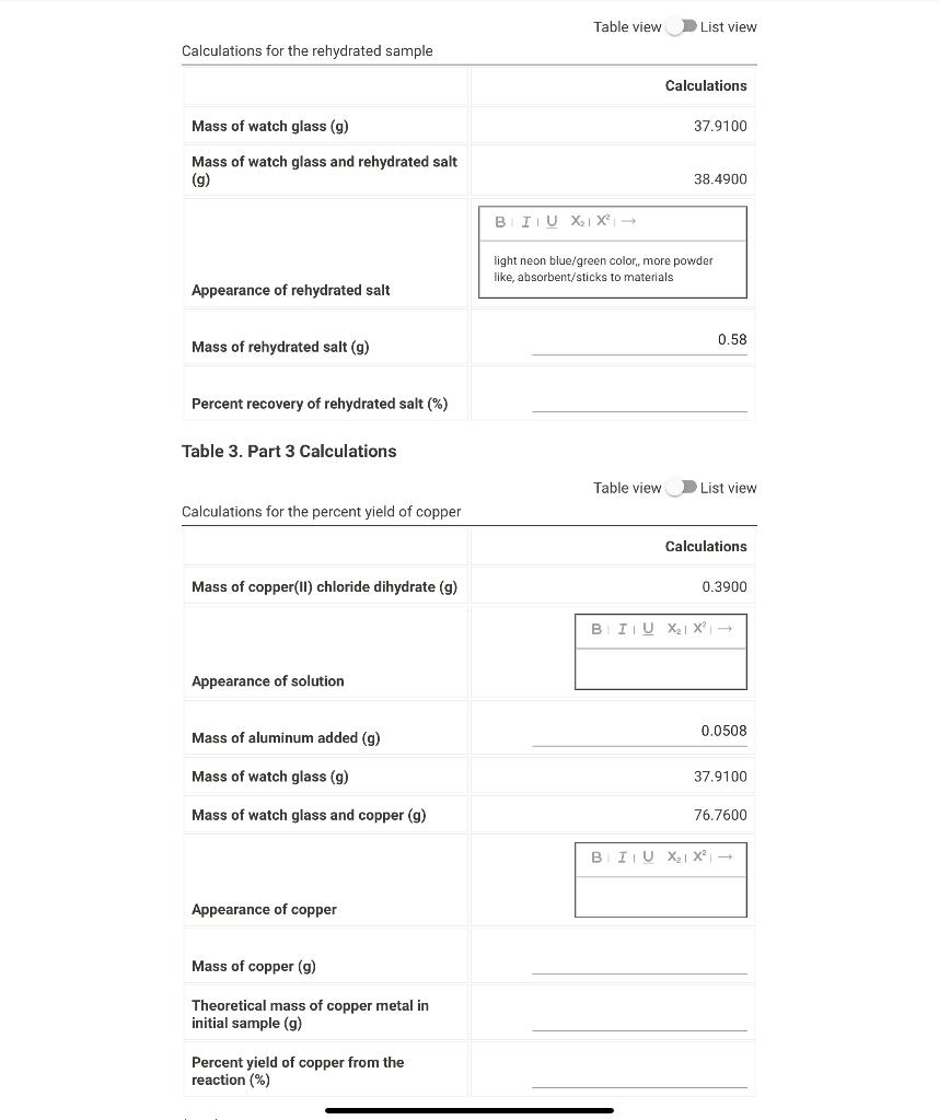 Solved Table view List view Table 3. Part 3 Calculations | Chegg.com Solved Table view List view Table 3. Part 3 Calculations | Chegg.com