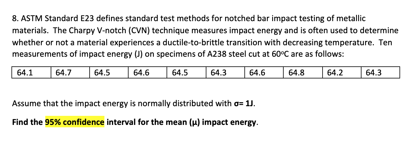 Solved 8. ASTM Standard E23 defines standard test methods | Chegg.com