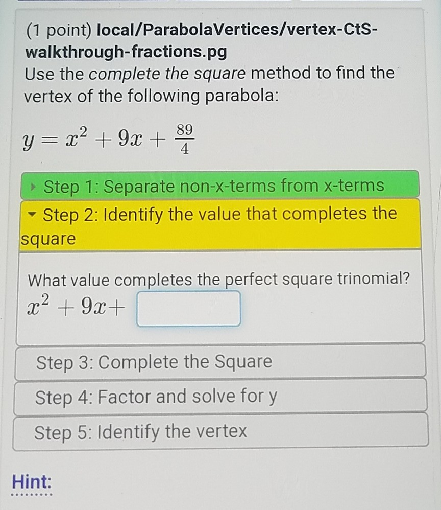Solved (1 point) local/ParabolaVertices/vertex-Cts- | Chegg.com