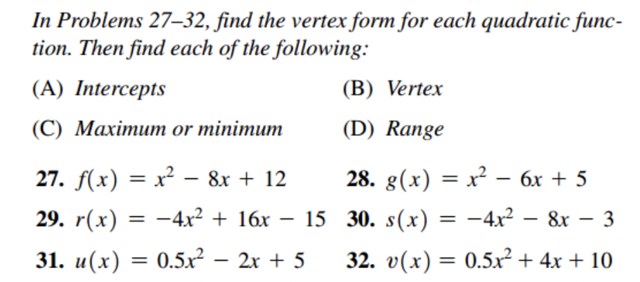 Solved In Problems 27-32, find the vertex form for each | Chegg.com
