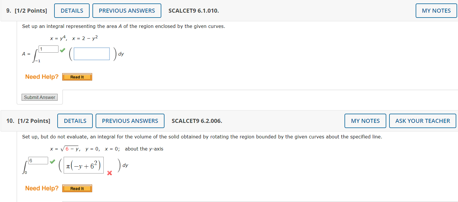 Solved x=y4,x=2−y2A=∫−1()dy [1/2 Points] SCALCET9 6.2.006. | Chegg.com