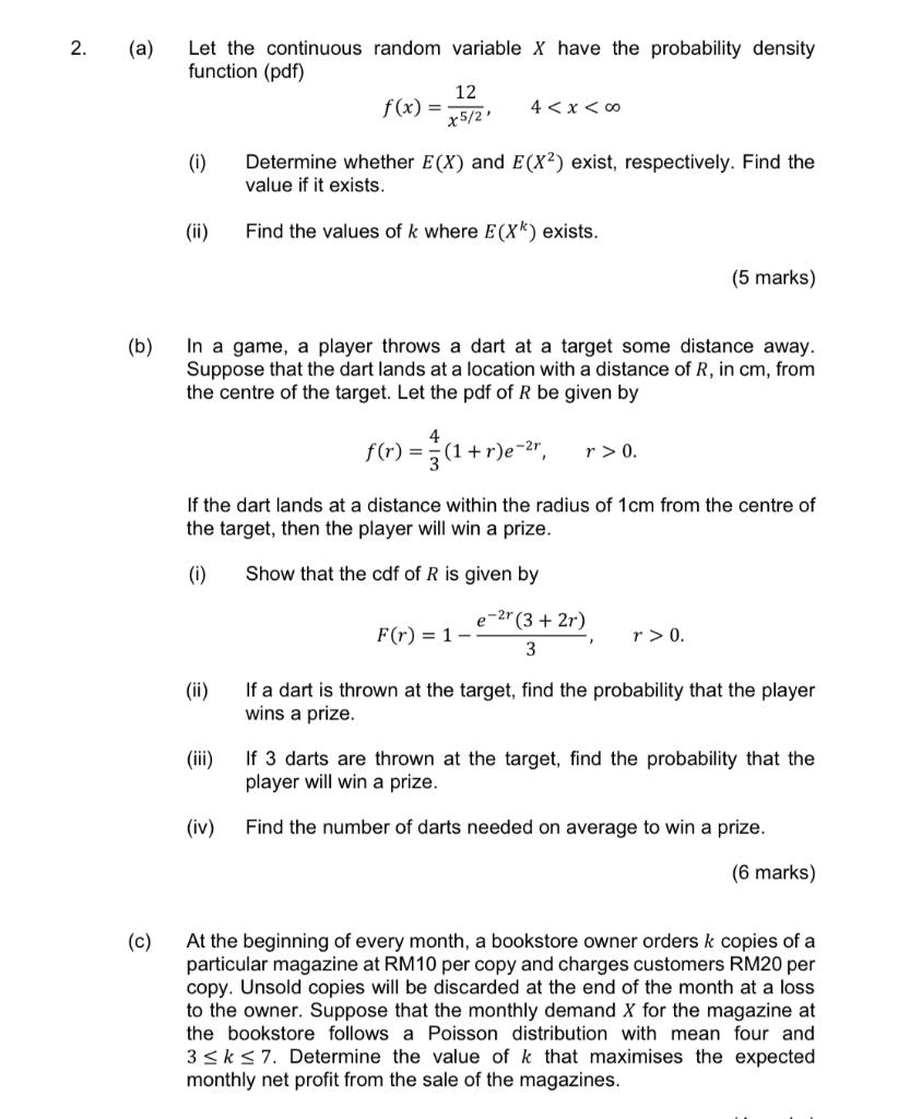 Solved 2. (a) (b) (c) Let the continuous random variable X | Chegg.com