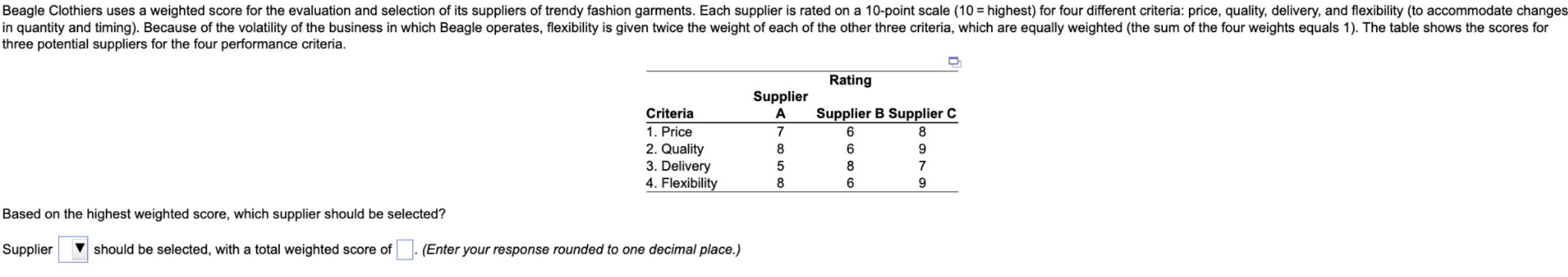Solved three potential suppliers for the four performance | Chegg.com