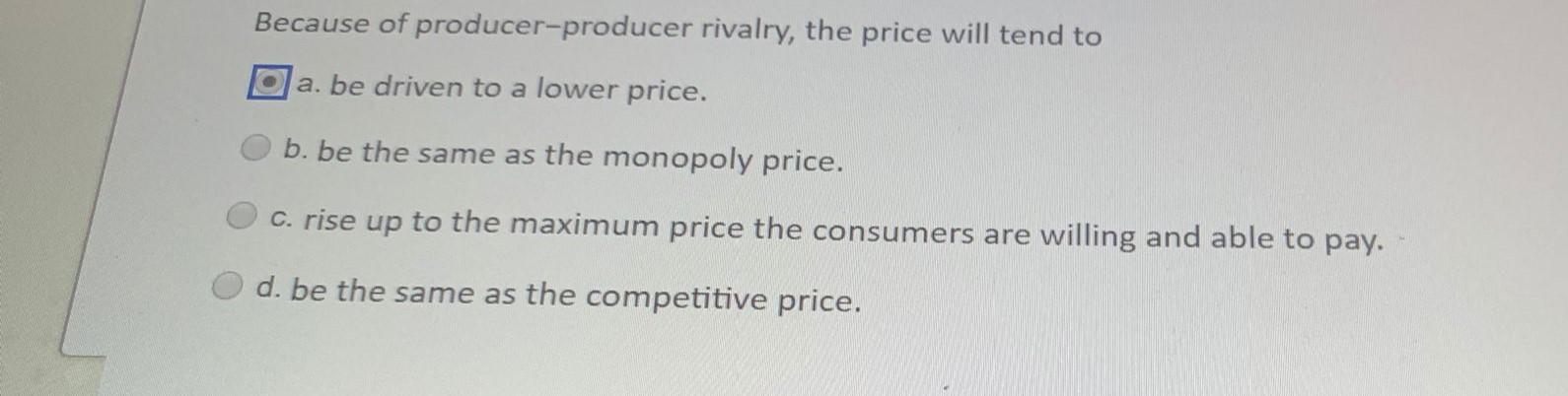 Solved Because of producer-producer rivalry, the price will | Chegg.com