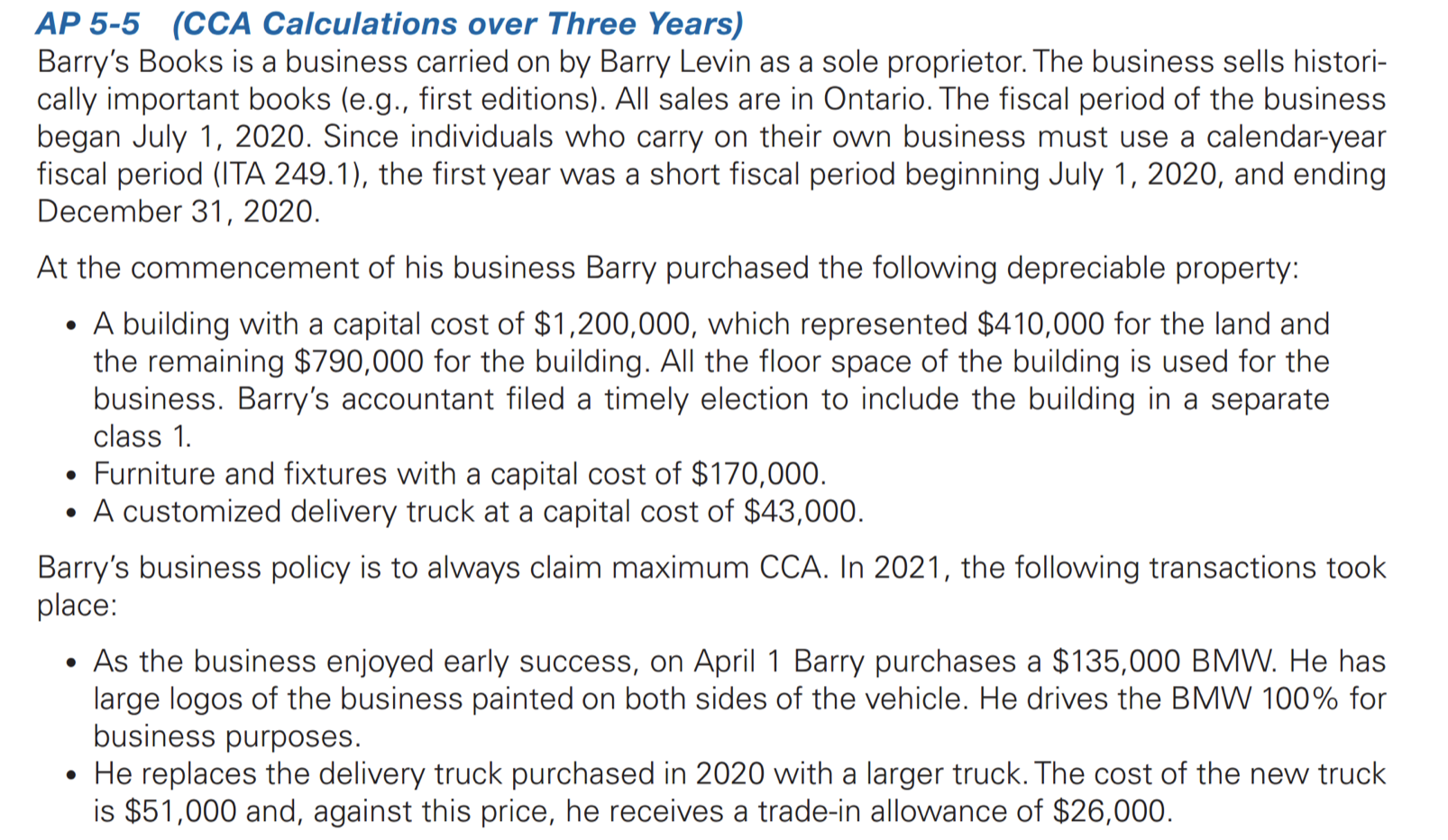 AP 5-5 (CCA Calculations over Three Years) Barry's | Chegg.com