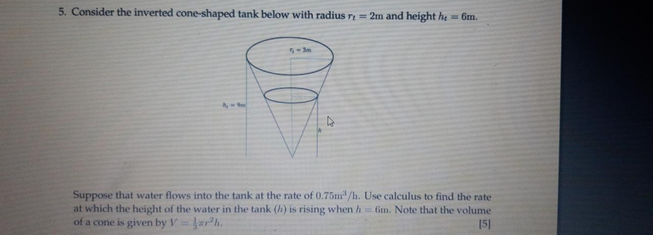 Solved 5. Consider the inverted cone-shaped tank below with | Chegg.com