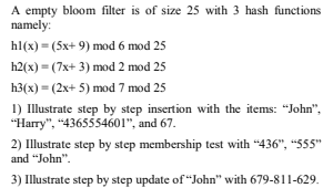 A empty bloom filter is of size 25 with 3 hash | Chegg.com