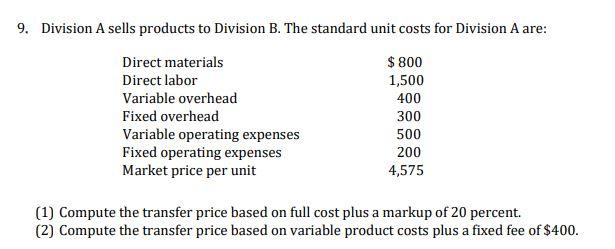 Solved 9. Division A sells products to Division B. The | Chegg.com