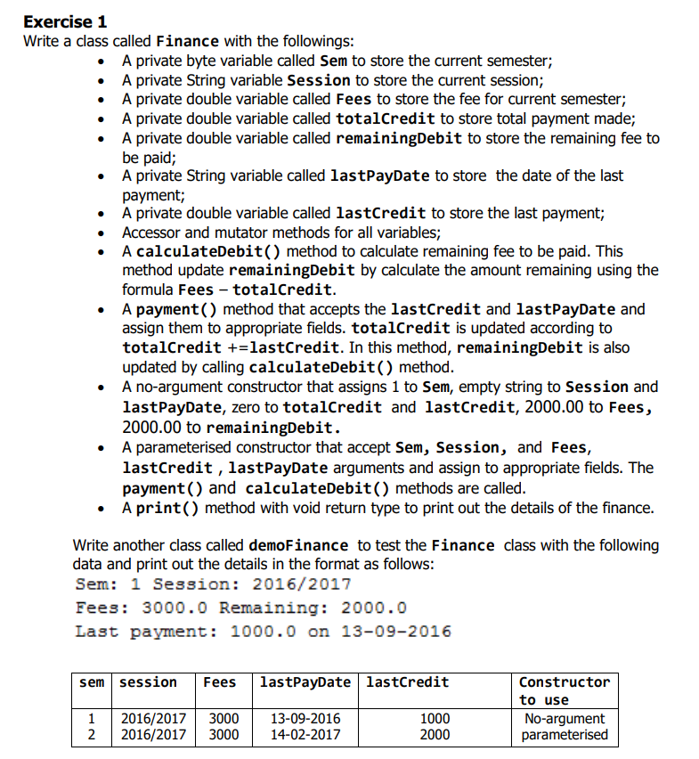 Solved Exercise 1 Write A Class Called Finance With The