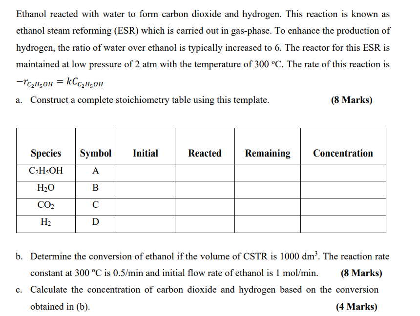Solved Ethanol reacted with water to form carbon dioxide and | Chegg.com