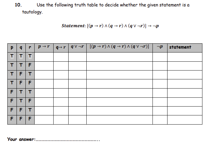 Solved 10. Use the following truth table to decide whether | Chegg.com