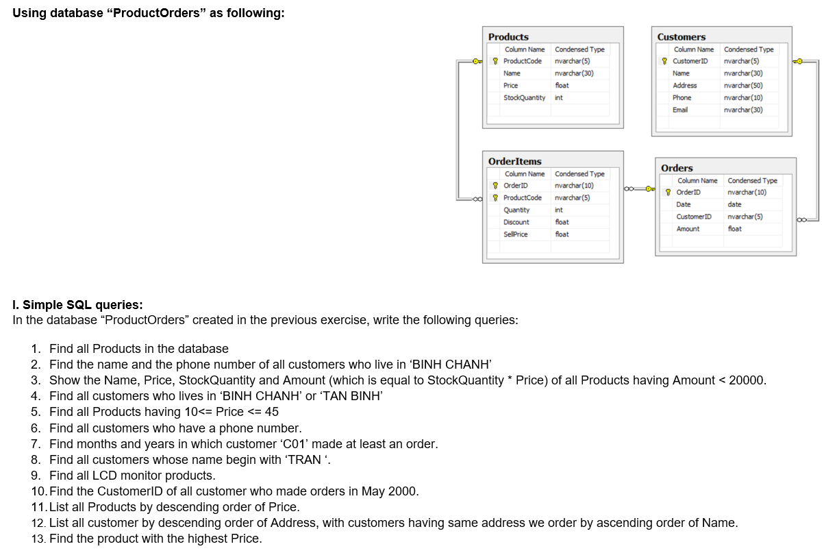 Using database "ProductOrders" as following: Products | Chegg.com