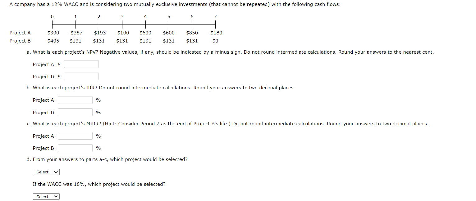 Solved e. Construct NPV profiles for Projects A and B. If an | Chegg.com