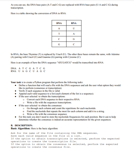 Project 3: DNA Consensus Sequence and RNA | Chegg.com