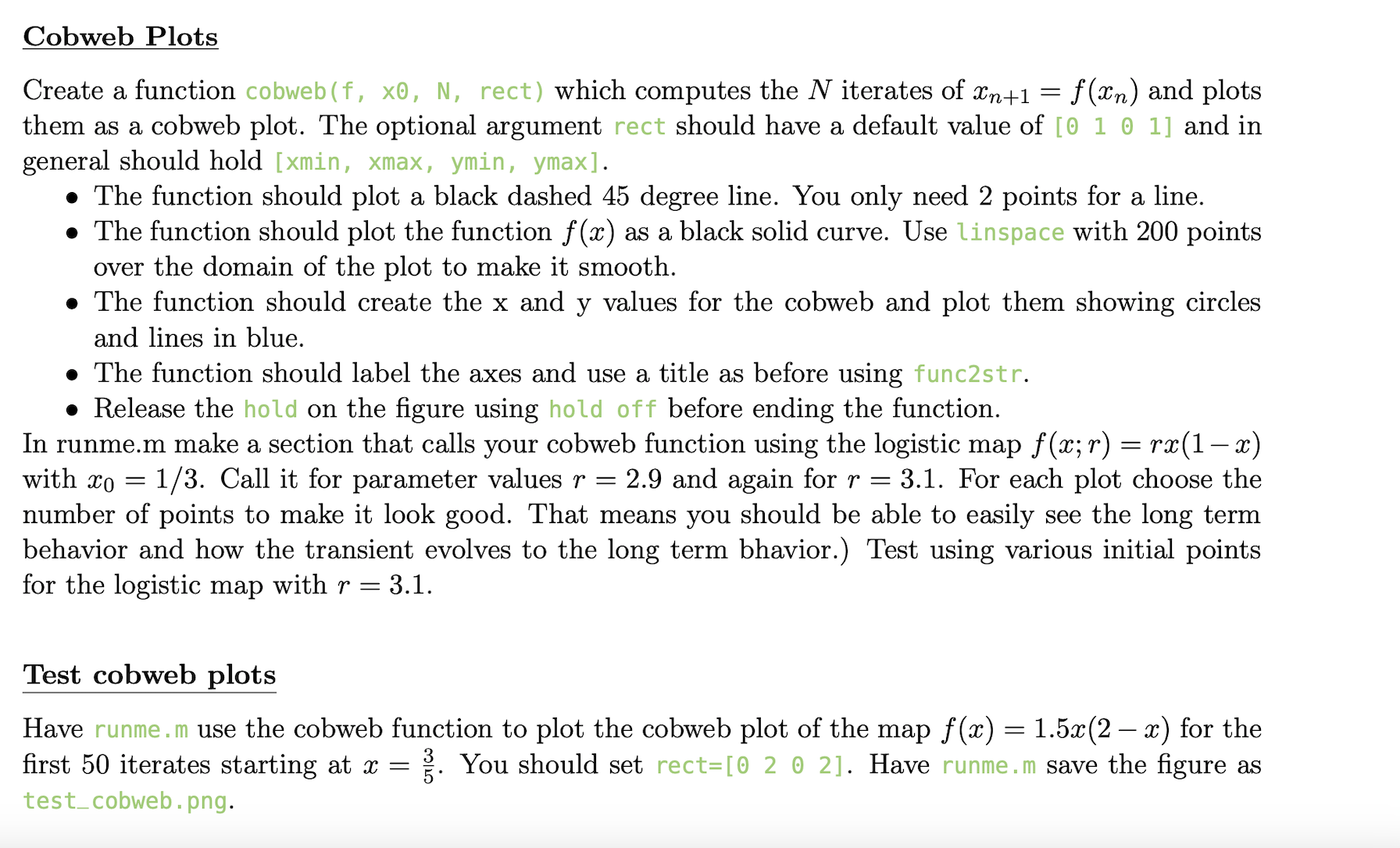 Solved Cobweb PlotsCreate a function cobweb ( f,xo.,N, | Chegg.com