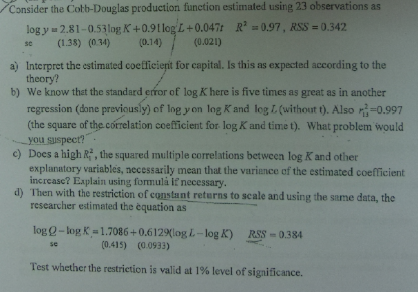 Solved Consider the Cobb-Douglas production function | Chegg.com