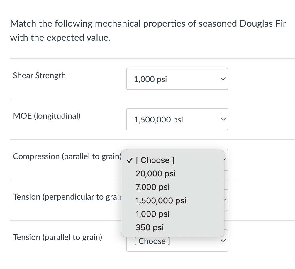 Solved Match the following mechanical properties of seasoned | Chegg.com