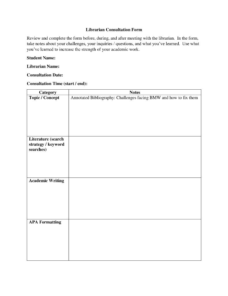 Librarian Consultation Form Review and complete the | Chegg.com