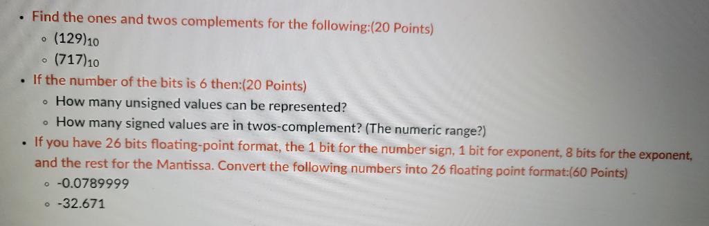 Solved - Find the ones and twos complements for the | Chegg.com