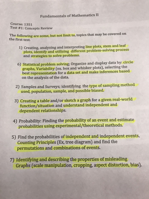 Solved Fundamentals of Mathematics I1 Course: 1351 Test # 1: | Chegg.com