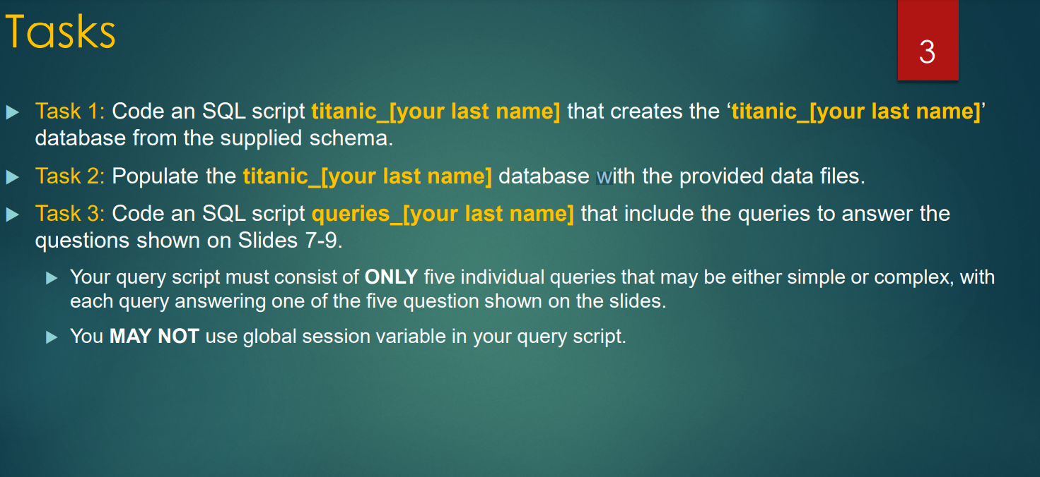 Tasks 3 Task 1: Code an SQL script titanic_[your last | Chegg.com
