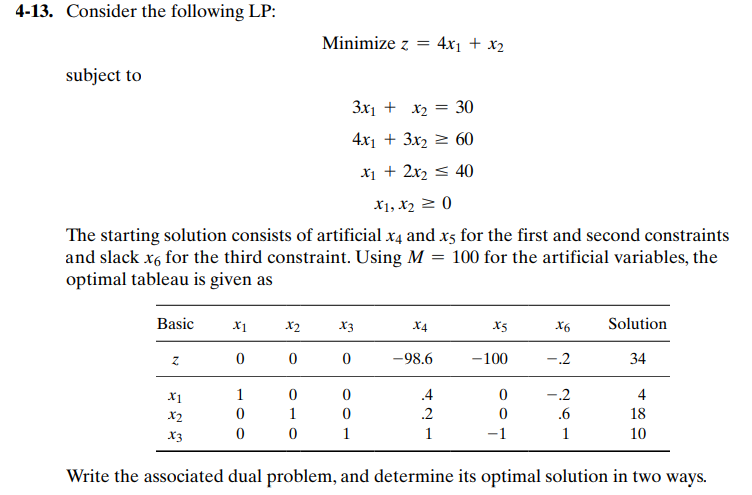 Solved 4-13. Consider the following LP: Minimize z=4x1+x2 | Chegg.com