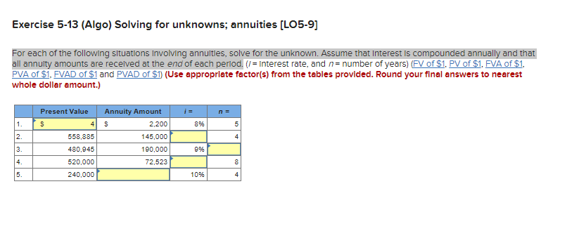 Solved Exercise 5-13 (Algo) Solving for unknowns; annuities | Chegg.com