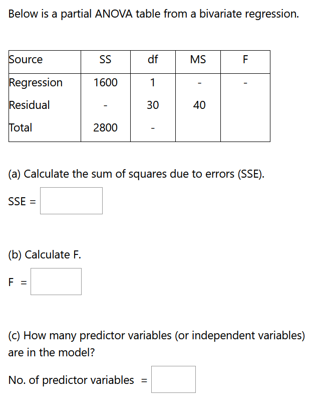 Solved Below is a partial ANOVA table from a bivariate | Chegg.com