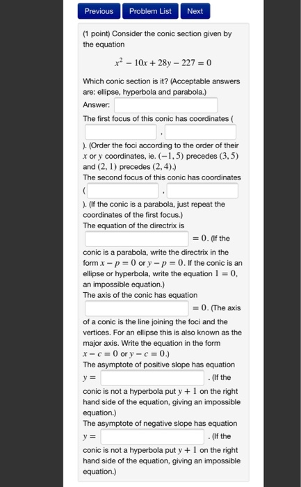 Solved PreviouS Problem List Next (1 point) Consider the | Chegg.com