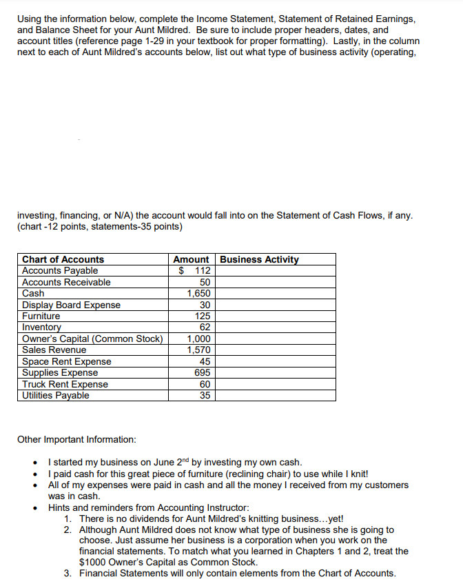 Solved Using the information below, complete the Income | Chegg.com